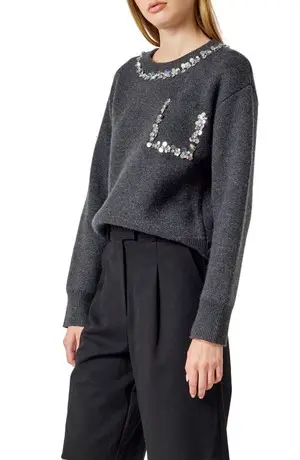 Endless Rose Paillette Trimmed Crewneck Sweater