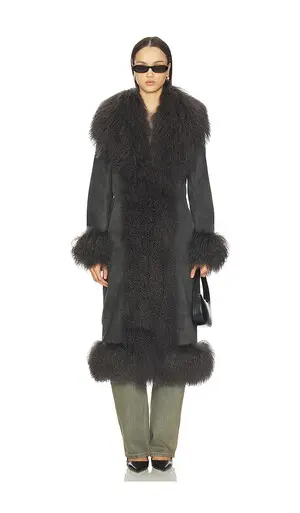 SUSANNA CHOW Dorothy Suede Maxi Coat With Fur Trim - Graphite