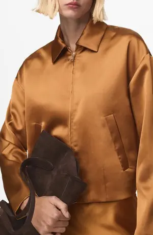 Mango Satin Front-zip Jacket - Cognac