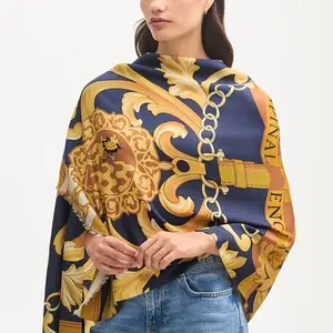 ASPINAL OF LONDON Merino & Silk Stole In Fig Signature Shield - Navy