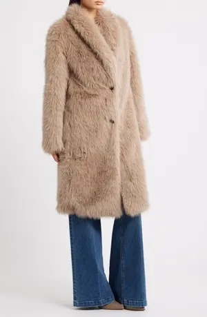 THREAD & SUPPLY Long Faux Fur Coat - Brown