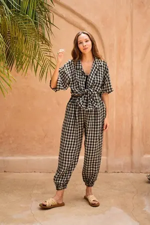 Pink Haley Vanessa Linen Gingham Balloon Pants - Black Gingham