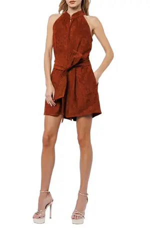 CIEBON Louise Tie-waist Faux Suede Romper - Brown