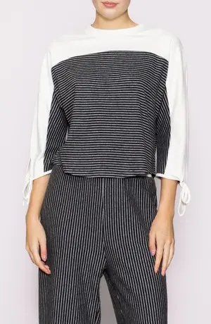MELLODAY Stripe Knit Top - Dark Grey/ivory