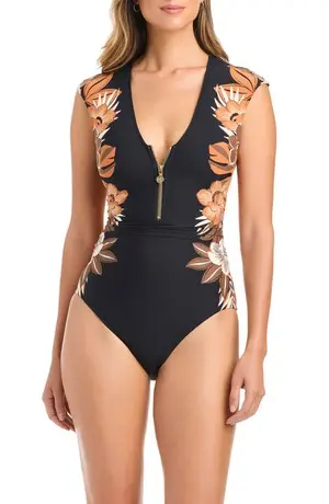 BLEU BY ROD BEATTIE Cap-sleeve Half-zip One-piece Swimsuit - Black