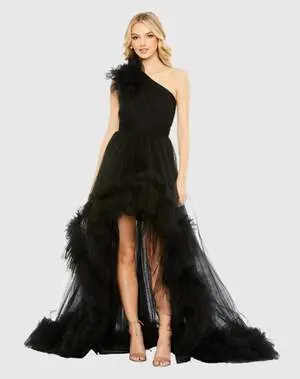 Mac Duggal Ruffled One Shoulder High Low Tulle Gown