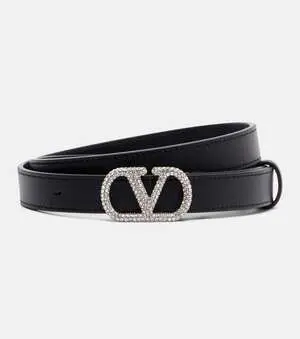 Valentino Garavani Vlogo Crystal-embellished Leather Belt - Black