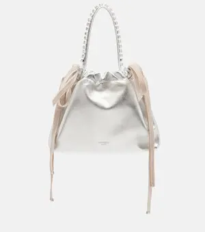 JIMMY CHOO Drawstring Mini Embellished Leather Shoulder Bag - Silver