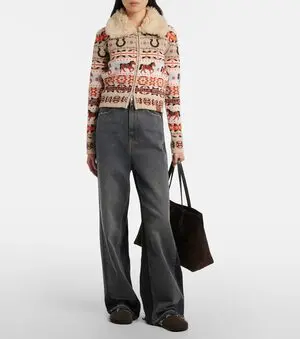 Stella McCartney Intarsia Virgin Wool Zip-up Cardigan With Fur Collar - Multicoloured