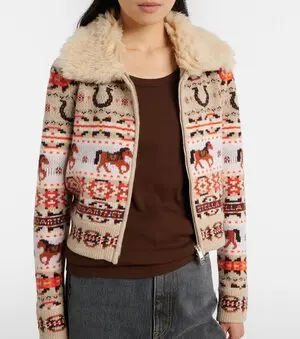 Stella McCartney Intarsia Virgin Wool Zip-up Cardigan With Fur Collar - Multicoloured