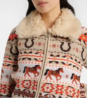 Stella McCartney Intarsia Virgin Wool Zip-up Cardigan With Fur Collar - Multicoloured