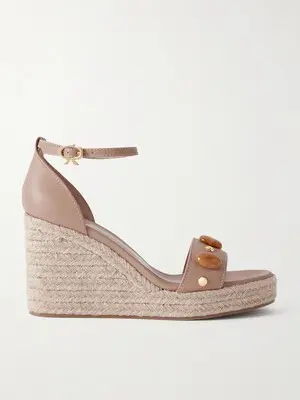 GIANVITO ROSSI 70 Embellished Leather Espadrille Wedge Sandals - Neutrals