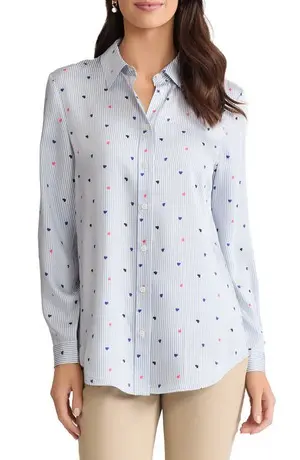 Jones New York Heart-print Striped Shirt - Chambray Blue Multi