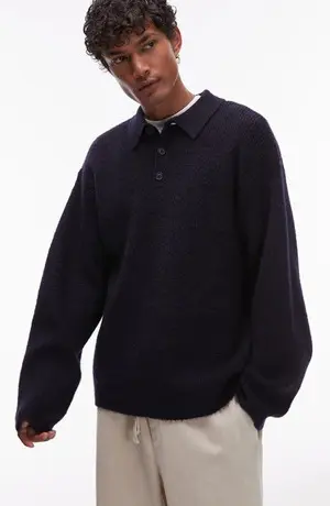 Topman Oversized Long Sleeve Sweater Polo