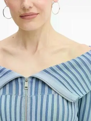 Guess Striped Off-shoulder Zip-up Sweater - Blue