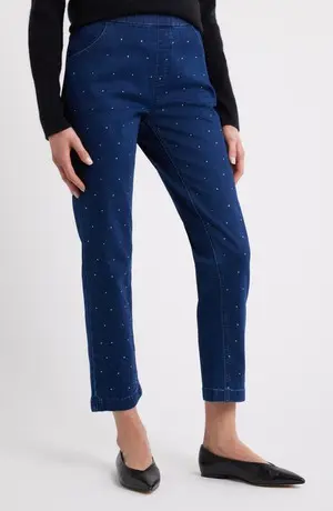 Hue Rhinestone Straight Leg Crop Denim Leggings - Dk Rinse