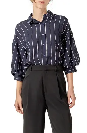 English Factory Striped Balloon Sleeve Shirt - Navy/white