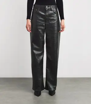 AGOLDE Leather Croc-embossed Arc Wide-leg Jeans - Black