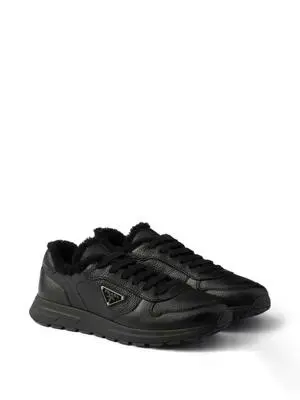 Prada Leather Sneakers With Shearling Lining - Black