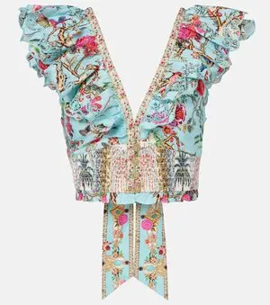 Camilla Embellished Floral Cotton Poplin Crop Top - Blue