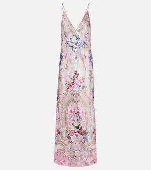 Camilla Embellished Floral Silk Satin Maxi Dress - Pink