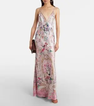 Camilla Embellished Floral Silk Satin Maxi Dress