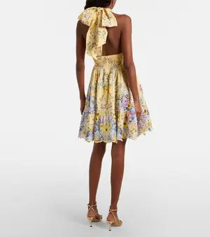 Camilla Embellished Floral Halterneck Linen Minidress - Yellow