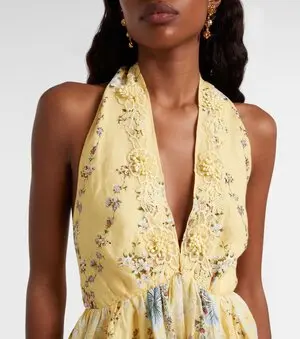 Camilla Embellished Floral Halterneck Linen Minidress - Yellow