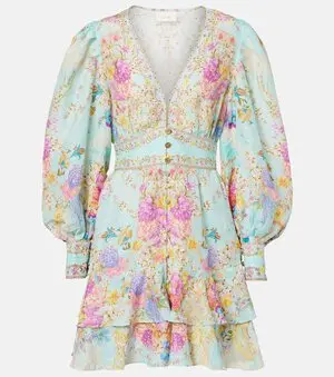Camilla Embellished Floral Linen And Silk Minidress - Blue