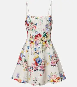 Camilla Embellished Floral Linen And Silk Minidress - Multicoloured