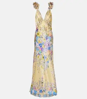 Camilla Embellished Floral Silk Satin Maxi Dress - Yellow