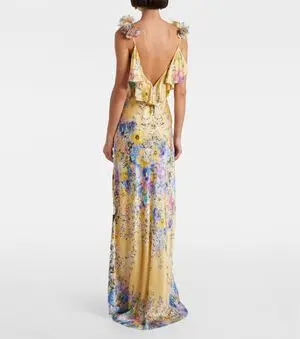 Camilla Embellished Floral Silk Satin Maxi Dress - Yellow
