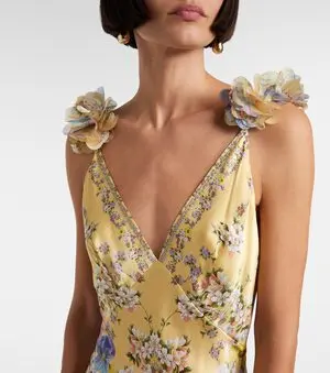 Camilla Embellished Floral Silk Satin Maxi Dress - Yellow