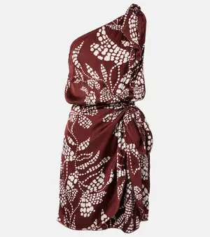 Poupette St Barth Celie Printed One-Shoulder Minidress Brown