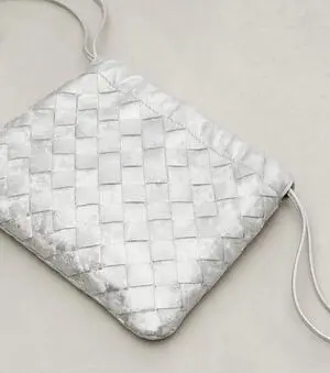 Bottega Veneta Intrecciato Small Metallic Leather Pouch - Silver