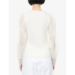 ME+EM Feature-cuff Round-neck Stretch-woven Blouse