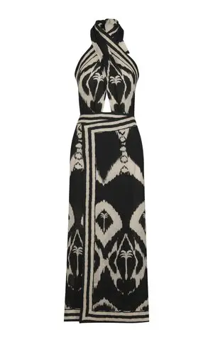 Johanna Ortiz Buen Viento Printed Linen Halterneck Midi Dress - Black