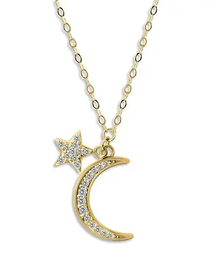 Aqua Pave Cubic Zirconia Moon And Star Charm Necklace - Gold