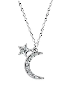 Aqua Pave Cubic Zirconia Moon And Star Charm Necklace - Silver