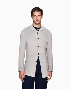Giorgio Armani Single-breasted Links-stitch Cotton Knit Jacket - Beige