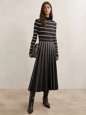 REISS Striped Pleated Knitted Midi Dress - Black/ivory