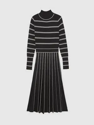 REISS Striped Pleated Knitted Midi Dress