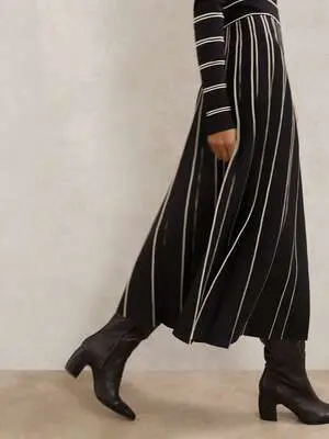 REISS Striped Pleated Knitted Midi Dress