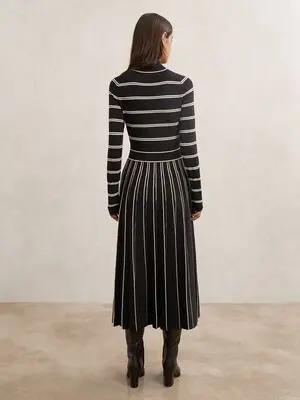 REISS Striped Pleated Knitted Midi Dress