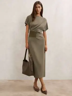 REISS Etta Ribbed-panel Draped Midi Dress