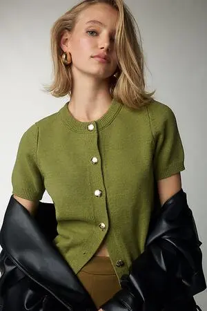 Maeve Short-sleeve Crew-neck Cardigan Sweater - Green
