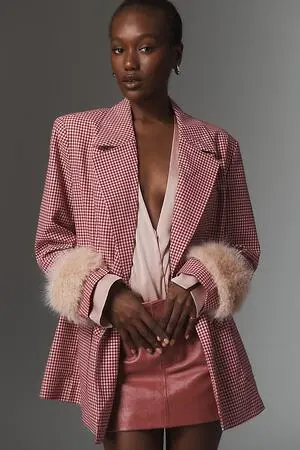 Maeve Houndstooth Blazer With Faux Fur Cuffs