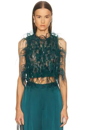 Lapointe Cascading Feather Embellished Cropped Tank Top
