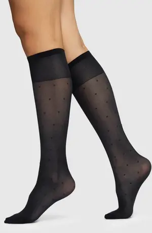Swedish Stockings Doris Polka Dot Mesh Knee Socks - Black