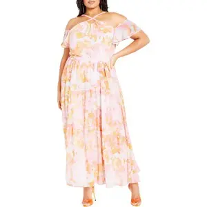 City Chic Vera Cold Shoulder Maxi Dress - Yellow/pink Print